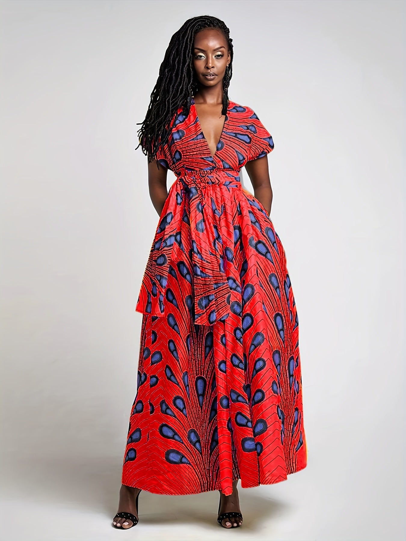 Abstract Print Split Thigh Dress, Boho Plunging High Waist Maxi Dress ...