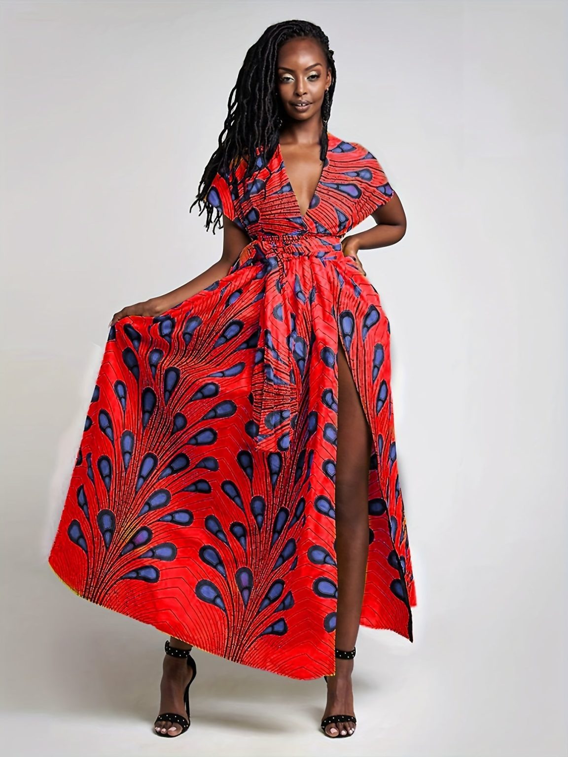 Abstract Print Split Thigh Dress, Boho Plunging High Waist Maxi Dress ...